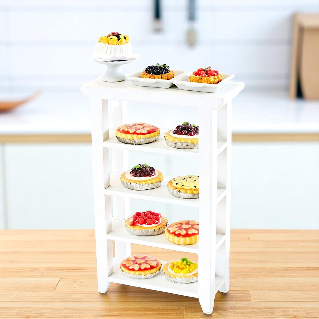 Miniature Cake Bakery Set : Fruit Tarts, Cake Stand, Wooden Shelf ...