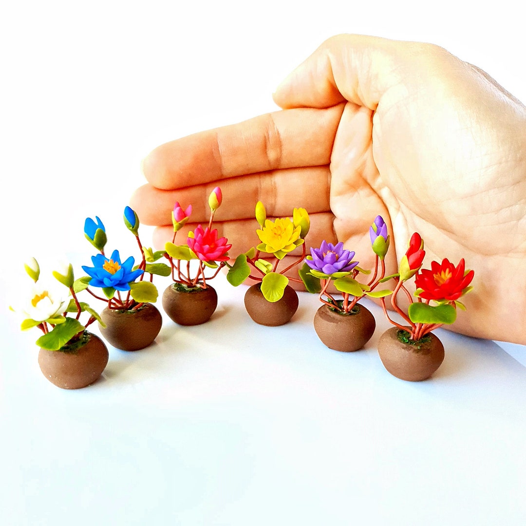 Miniature Lotus Flower Pot: Polymer Clay Dollhouse Fairy Garden Decor ...