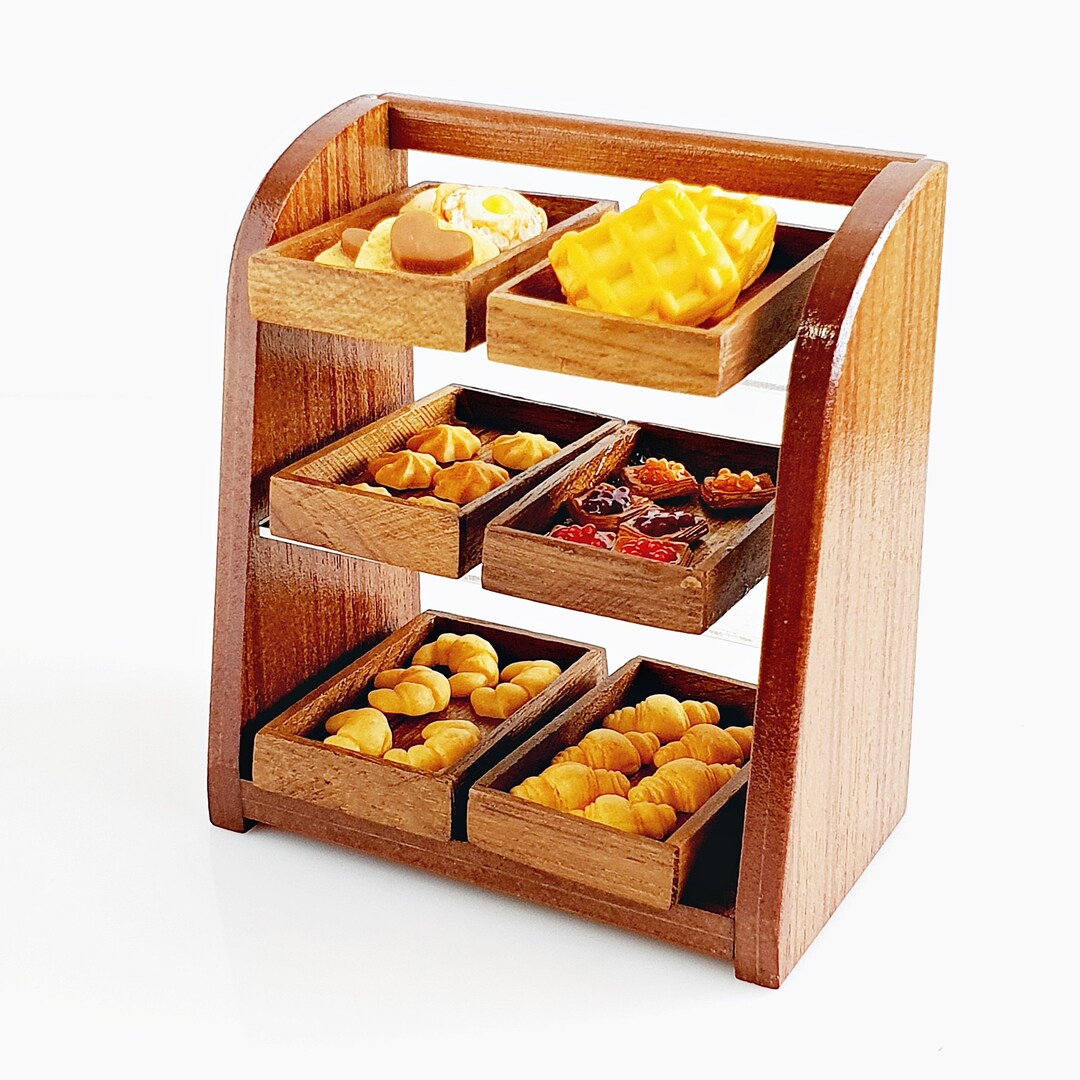 Miniatures Fake Food Bakery on Wood Shelves Showcase Bread Pie Tart ...