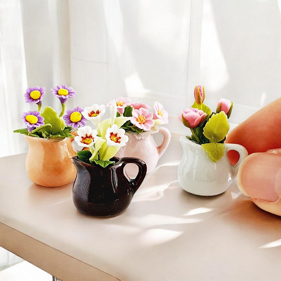 Decorative Miniature Tiny Flowers Vase – 1:12 Dollhouse Floral Pitcher ...
