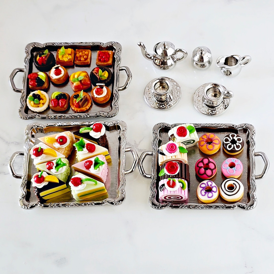 Realistic Miniature Bakery Set, Cake, Donut, Fruit Tart Metal Tray for ...