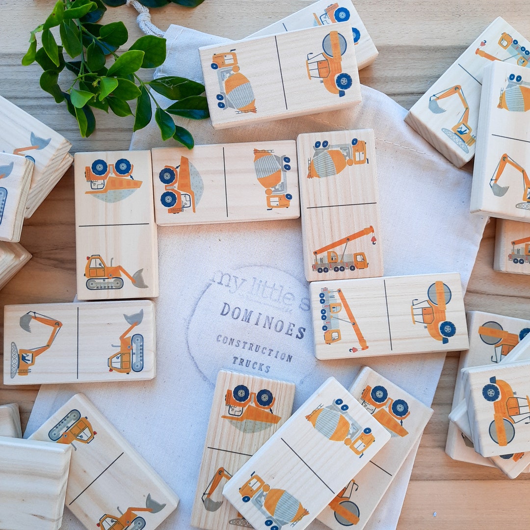 Domino Set, Construction Trucks, Wooden Games for Kids, Number ...