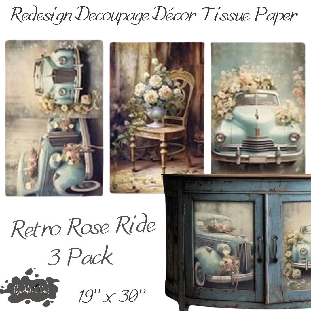 Retro Rose Ride Redesign Deco Pack • Decoupage Tissue Paper • 19 X 30 ...