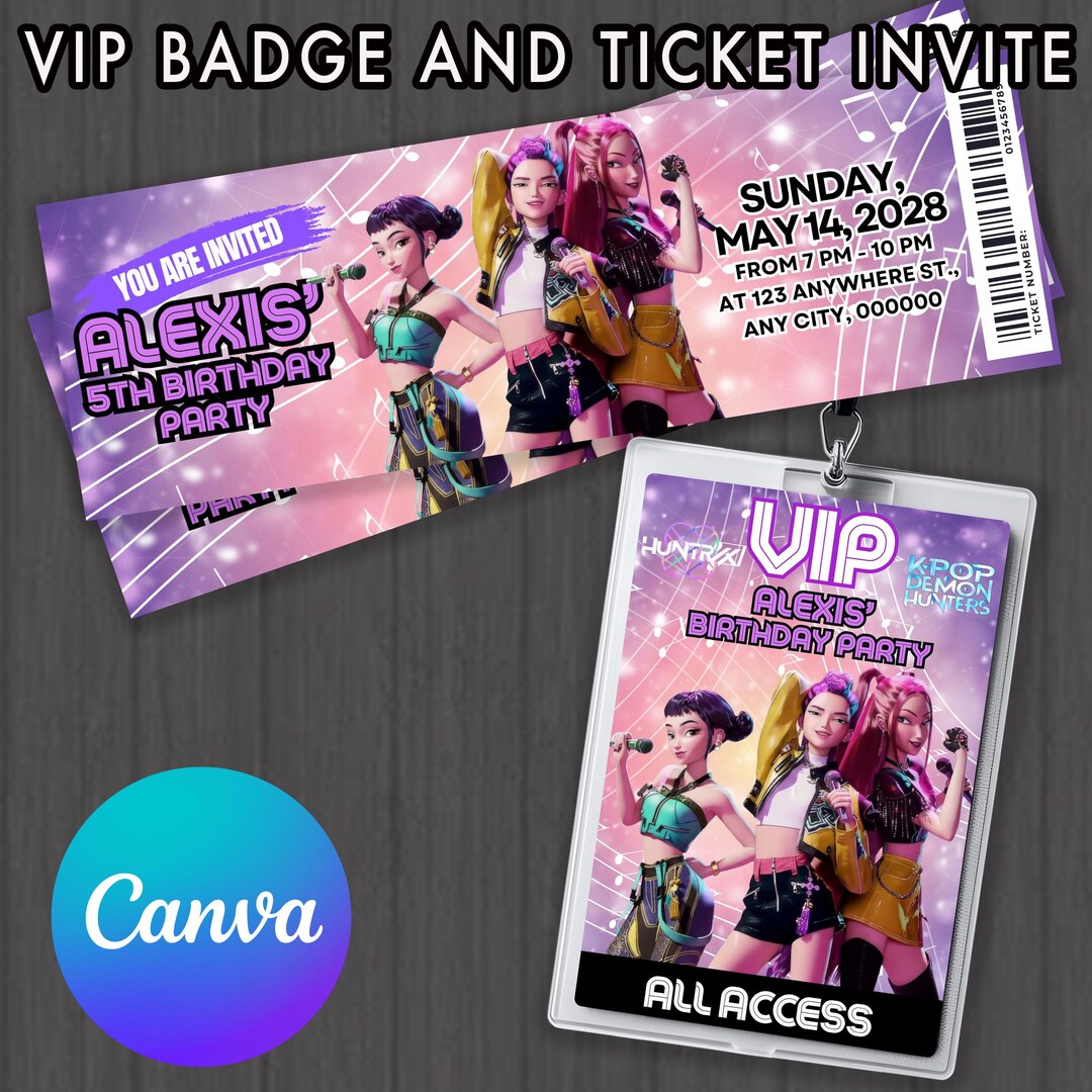 KPOP Demon Hunters Huntrix VIP Badge and Ticket Invite Combo Template ...