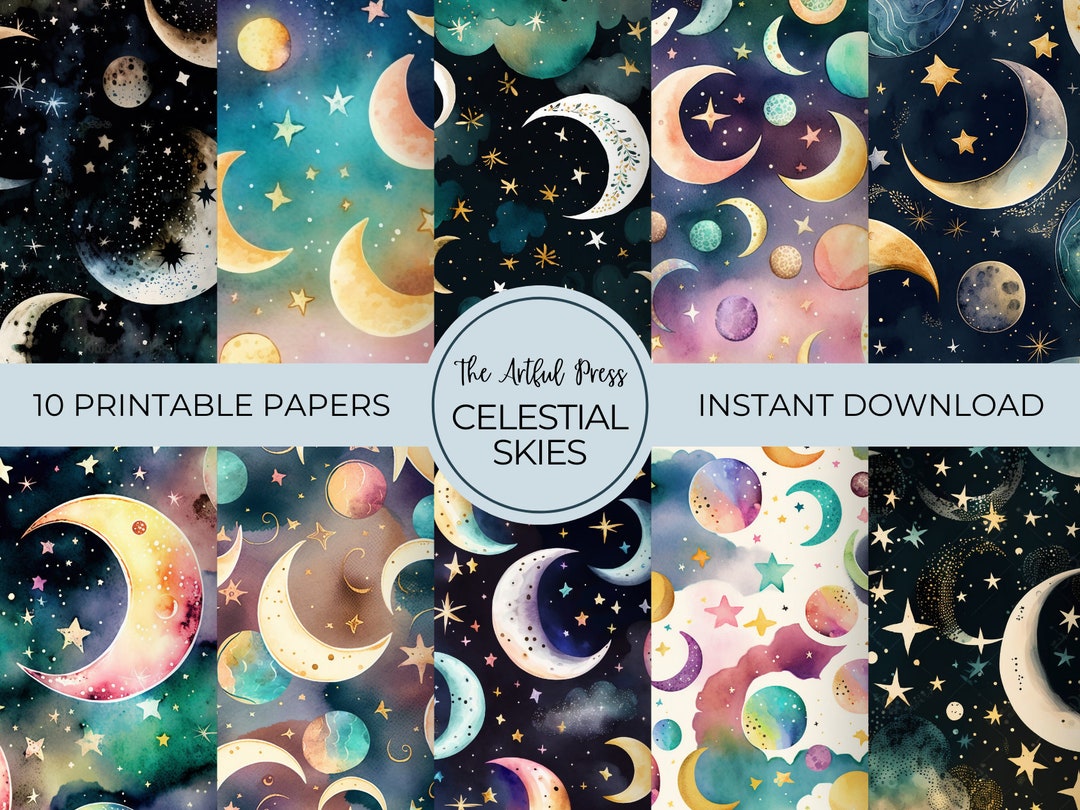 Celestial Digital Paper Set, Watercolor Moons and Stars Junk Journal ...