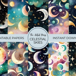 Celestial Digital Paper Set, Watercolor Moons and Stars Junk Journal ...