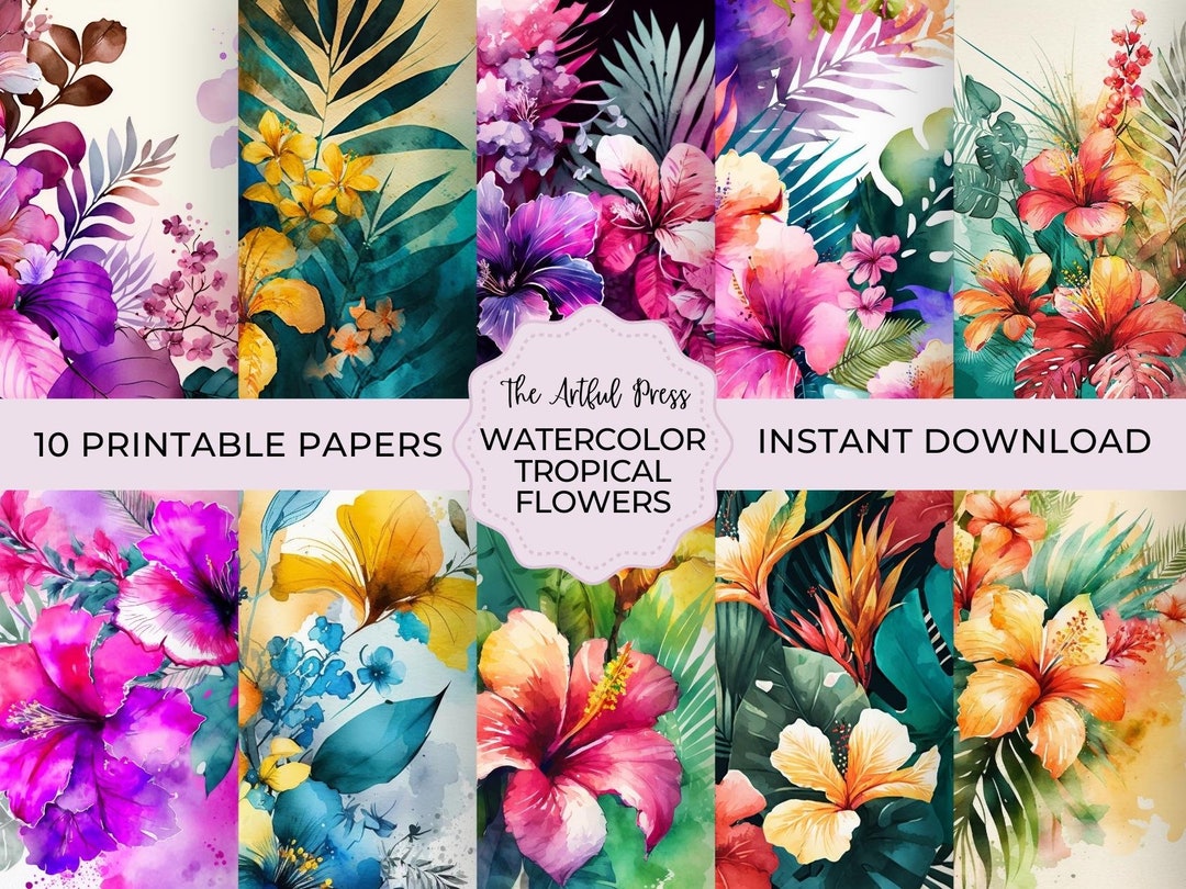 Tropical Flowers Digital Paper Set, Floral Scrapbooking Paper ...