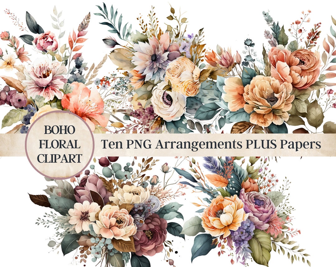 Boho Floral Watercolor Clipart Bundle, Floral Wedding Commercial Use ...