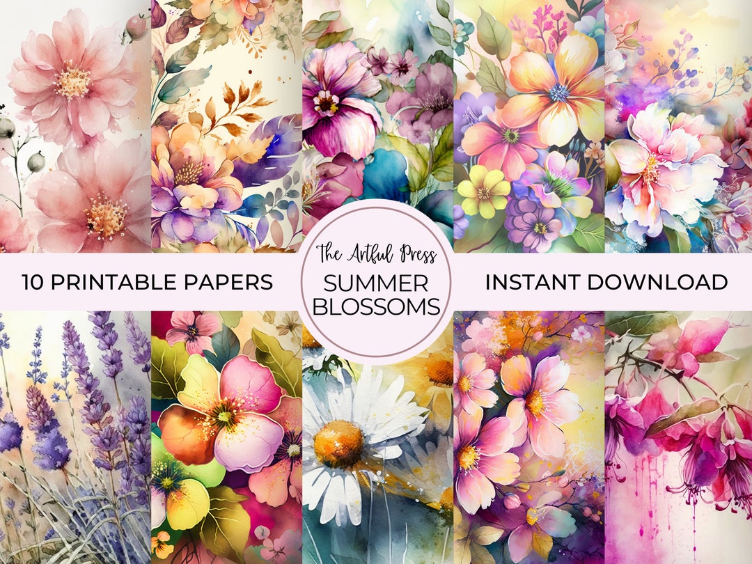 Watercolor Blossoms Digital Paper Set, Dreamy Summer Flowers Junk ...