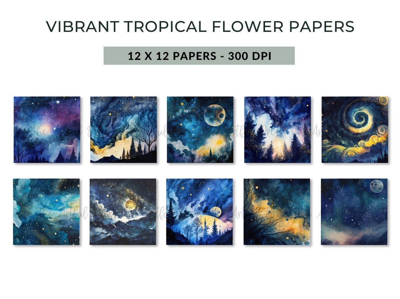Digital Scrapbook Paper, Watercolor Starry Night Backgrounds, Celestial ...