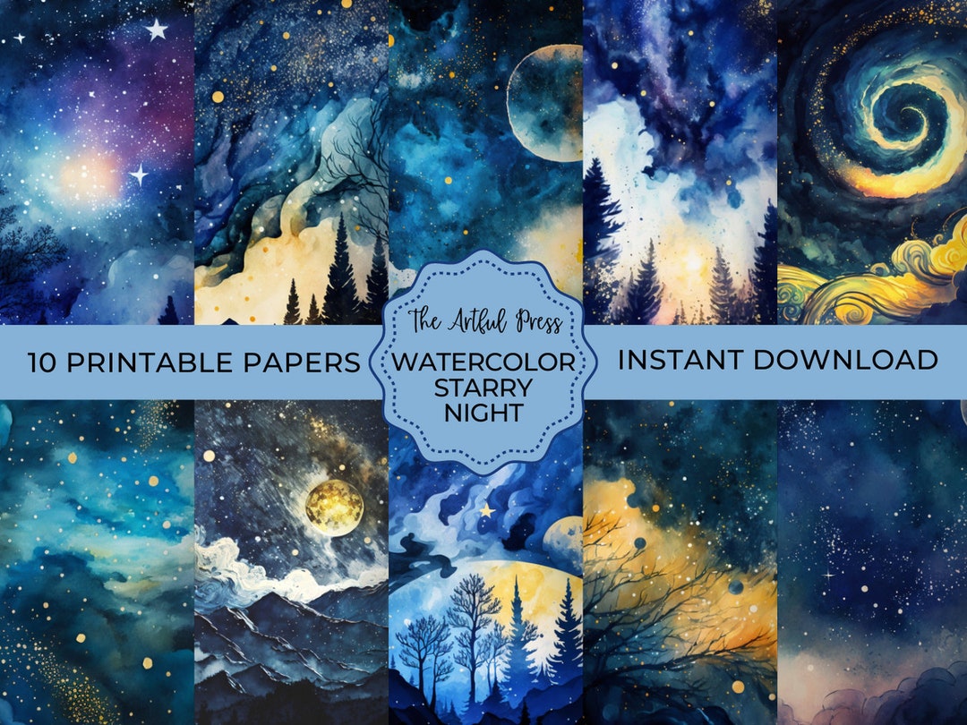 Digital Scrapbook Paper, Watercolor Starry Night Backgrounds, Celestial ...