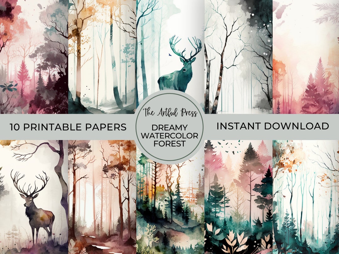 Watercolor Pine Forest Digital Paper, Ethereal Woodland Backgrounds for ...