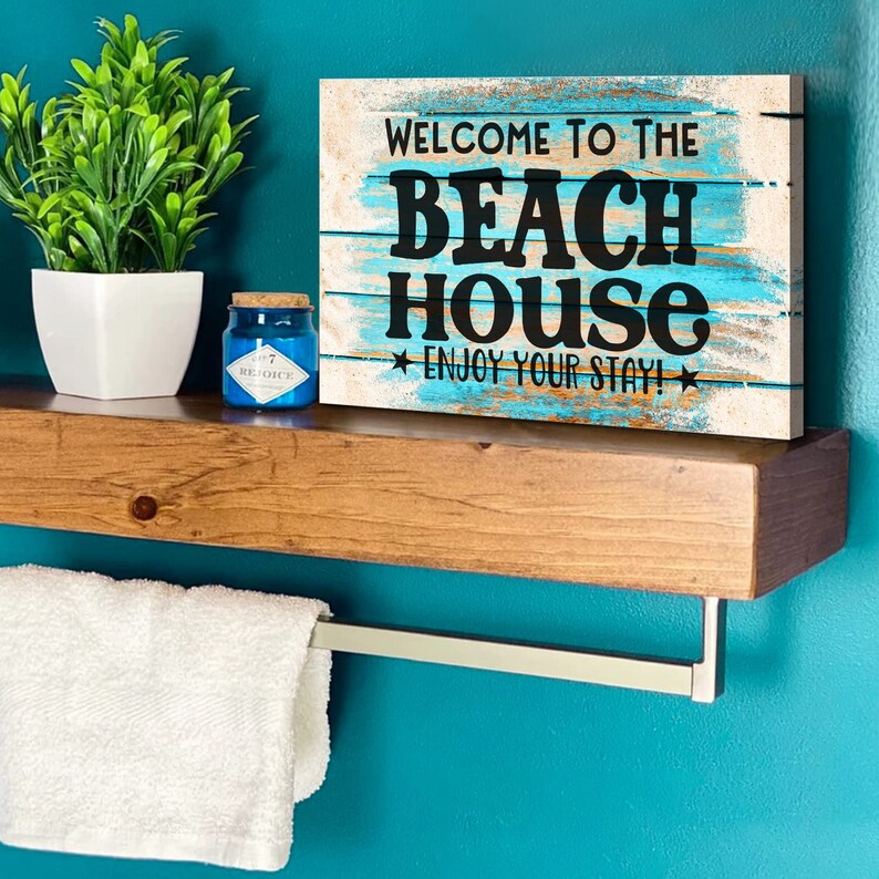 Beach House Canvas Wall Art Welcome Sign Wall Decor Teal Blue Beach ...