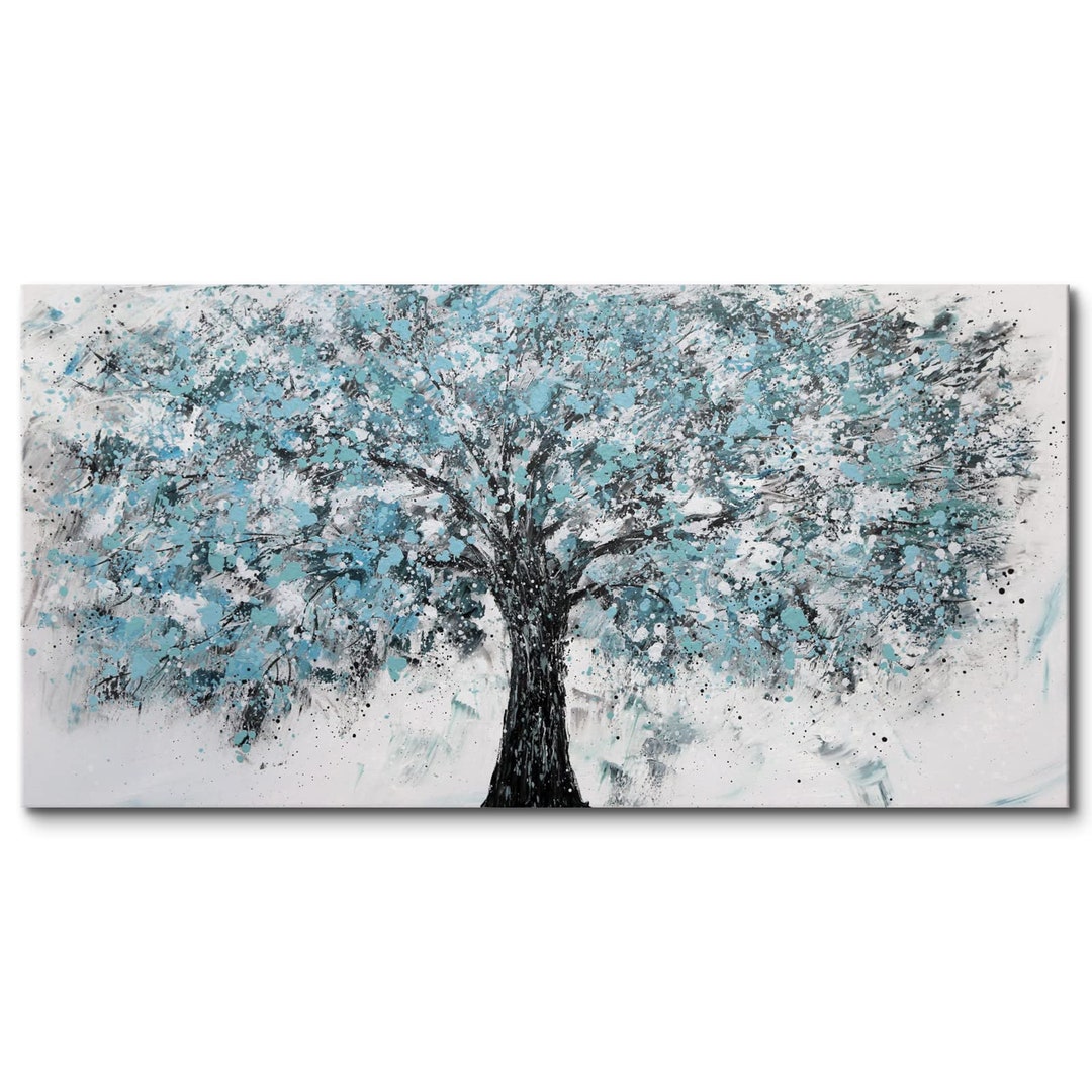 Teal Blooming Tree Wall Art Tower Tree Painting on Canvas, Hand Painted ...