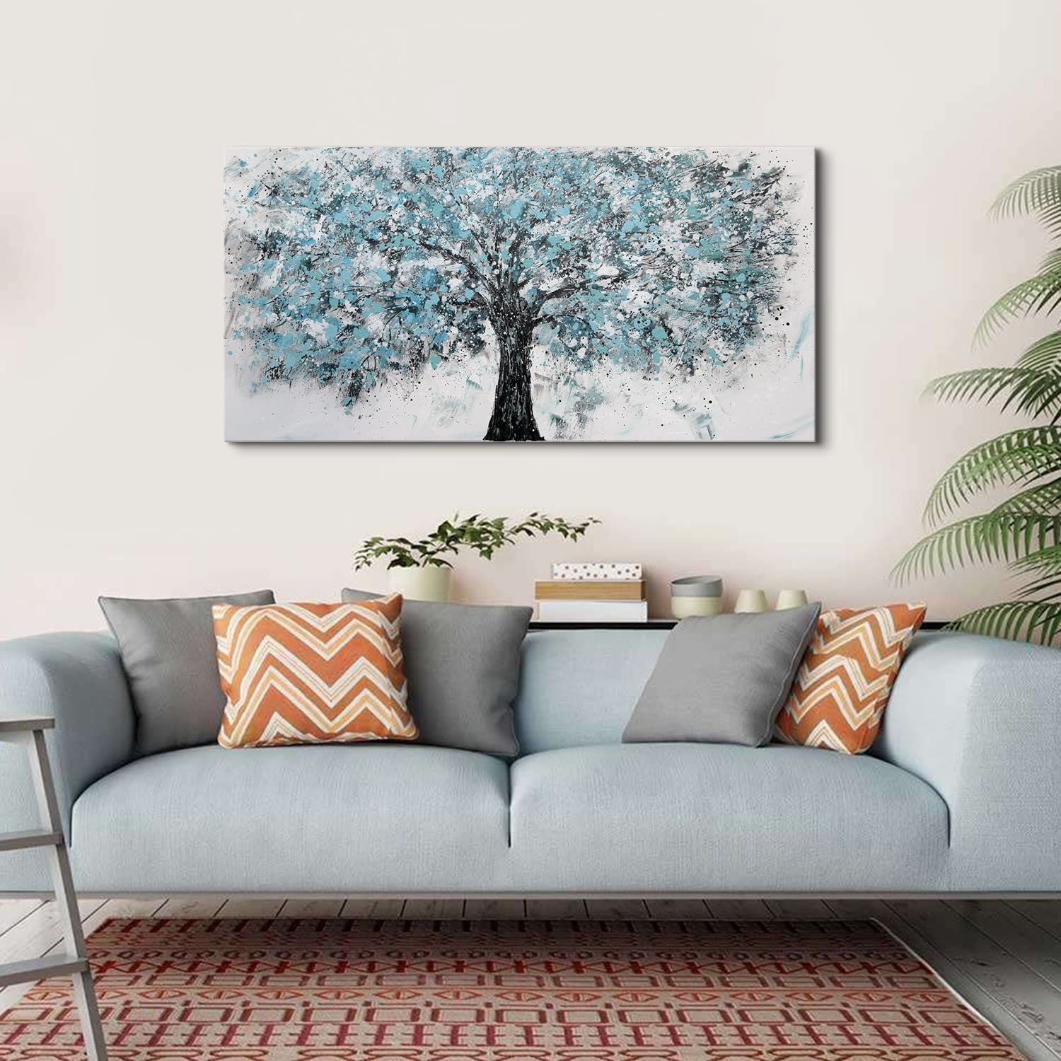 Teal Blooming Tree Wall Art Tower Tree Painting on Canvas, Hand Painted ...