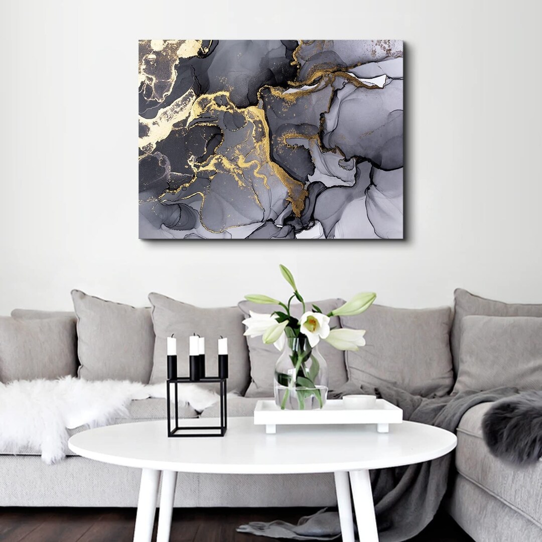 Abstract Marble Texture Canvas Wall Art Black and Gold Wall Decor ...