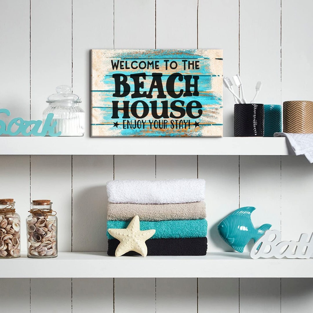 Beach House Canvas Wall Art Welcome Sign Wall Decor Teal Blue Beach ...
