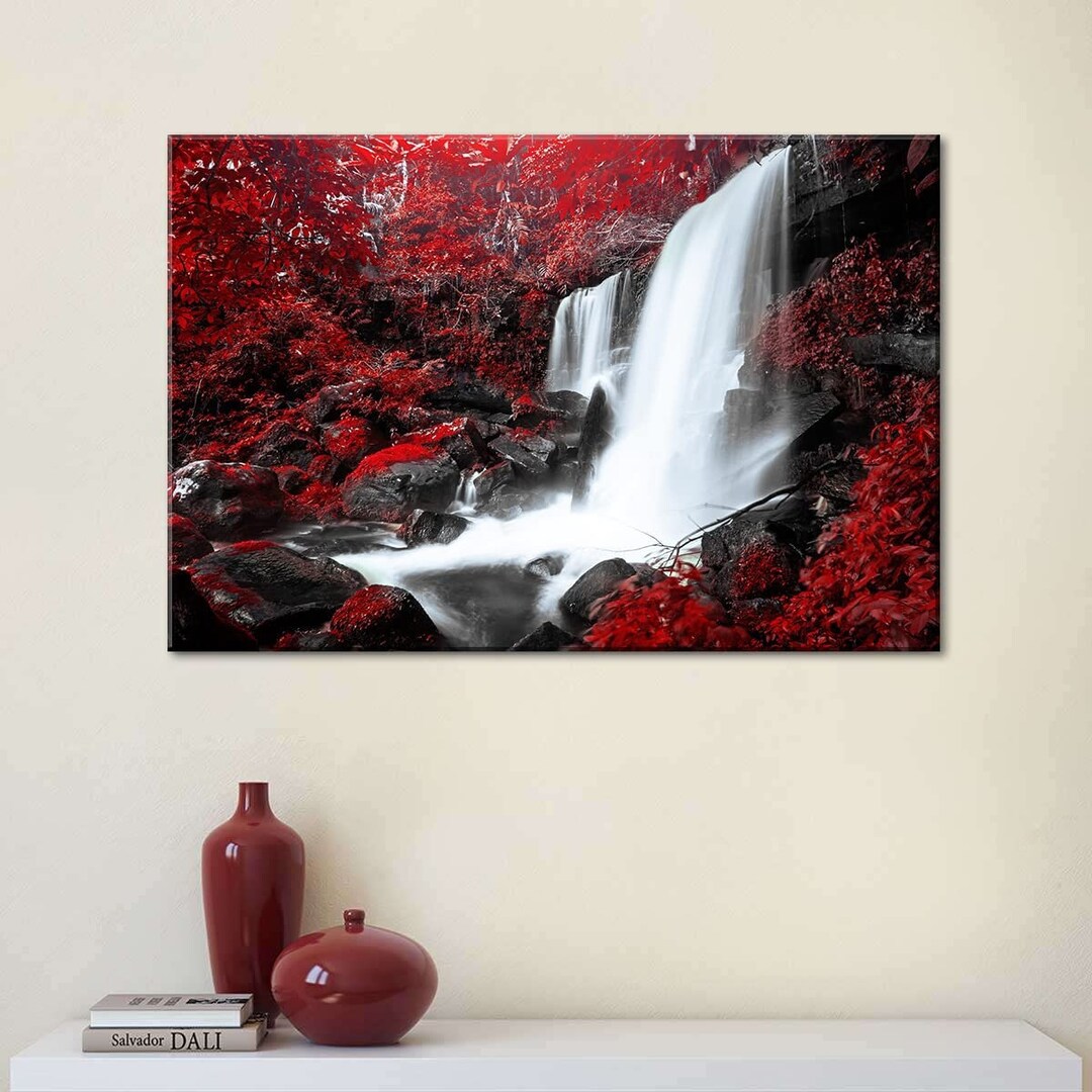 Nature Forest Canvas Wall Art Waterfall Landscape Pictures Red Tree ...