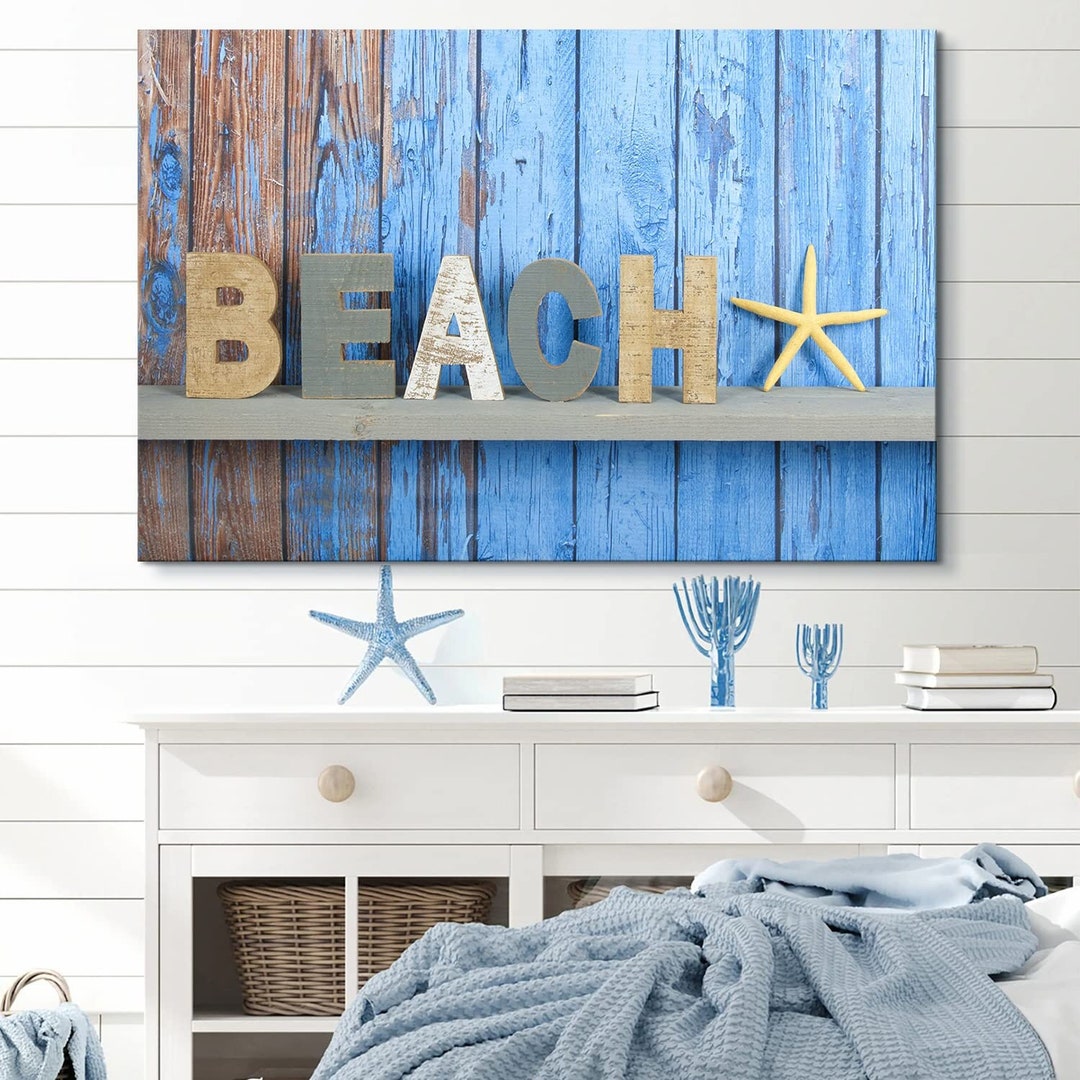 Beach Signs Canvas Wall Art Nautical Beach Theme Wall Decor Navy Blue ...