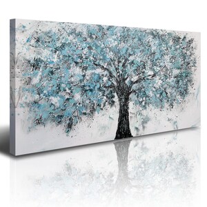 Teal Blooming Tree Wall Art Tower Tree Painting on Canvas, Hand Painted ...