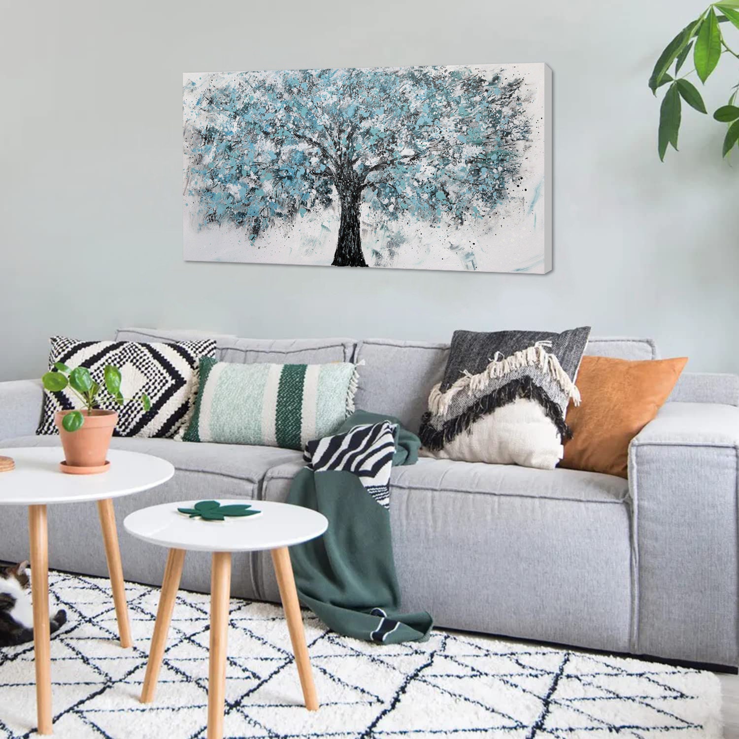 Teal Blooming Tree Wall Art Tower Tree Painting on Canvas, Hand Painted ...