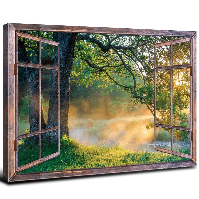 Sunset Forest Wall Art Green Nature Canvas Wall Decor Window View of ...