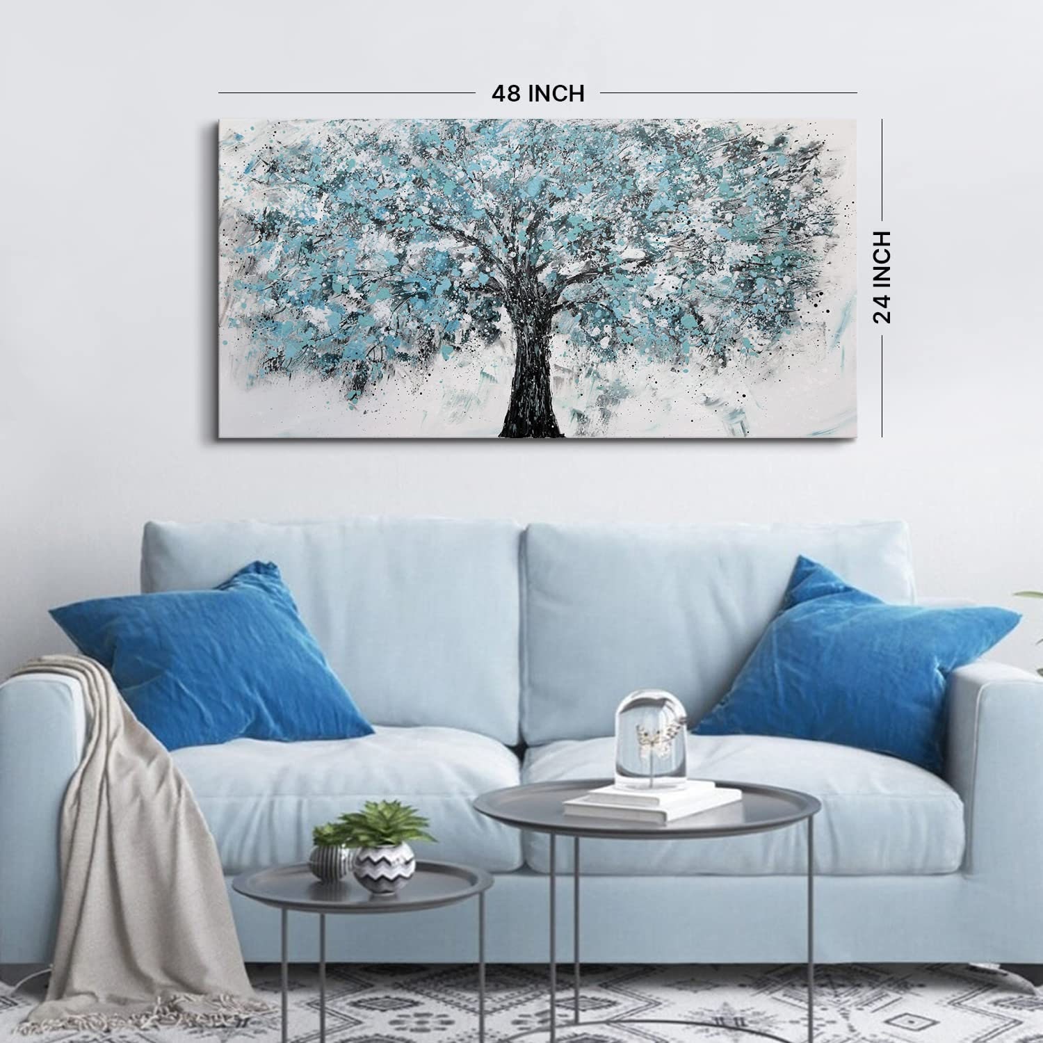 Teal Blooming Tree Wall Art Tower Tree Painting on Canvas, Hand Painted ...
