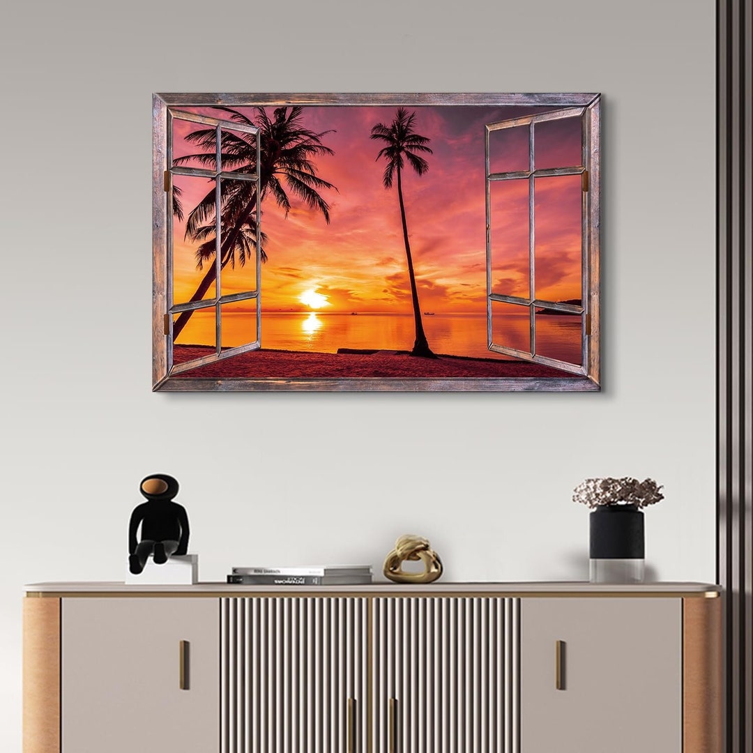 Window Beach Picture Sunset Wall Art Decor Ocean Landscape Coastal Palm ...