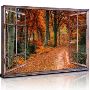 Autumn Forest Canvas Wall Art Window View Fall Trees Path Scenic Prints ...