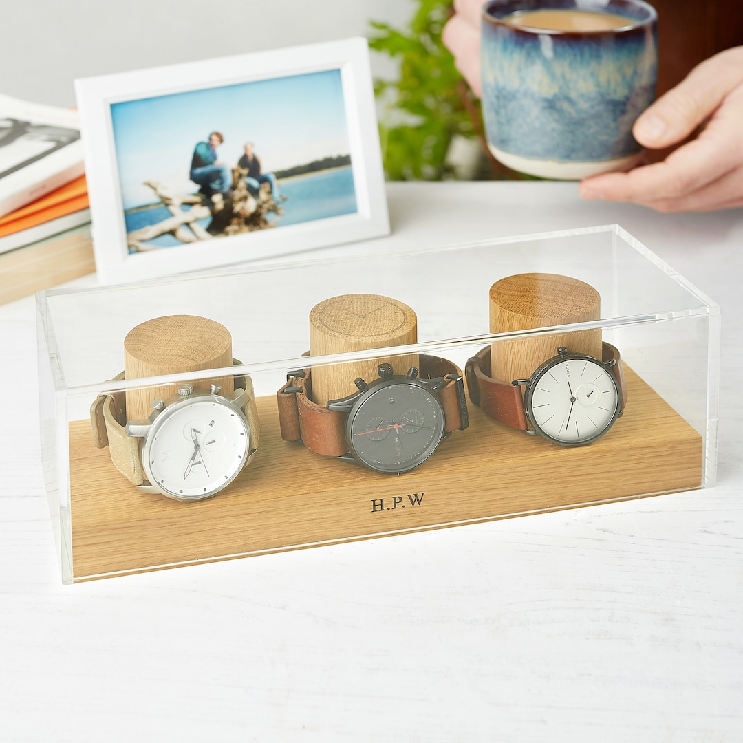 Personalized Oak Watch Box for Three Watches: Engraved Watch Display ...