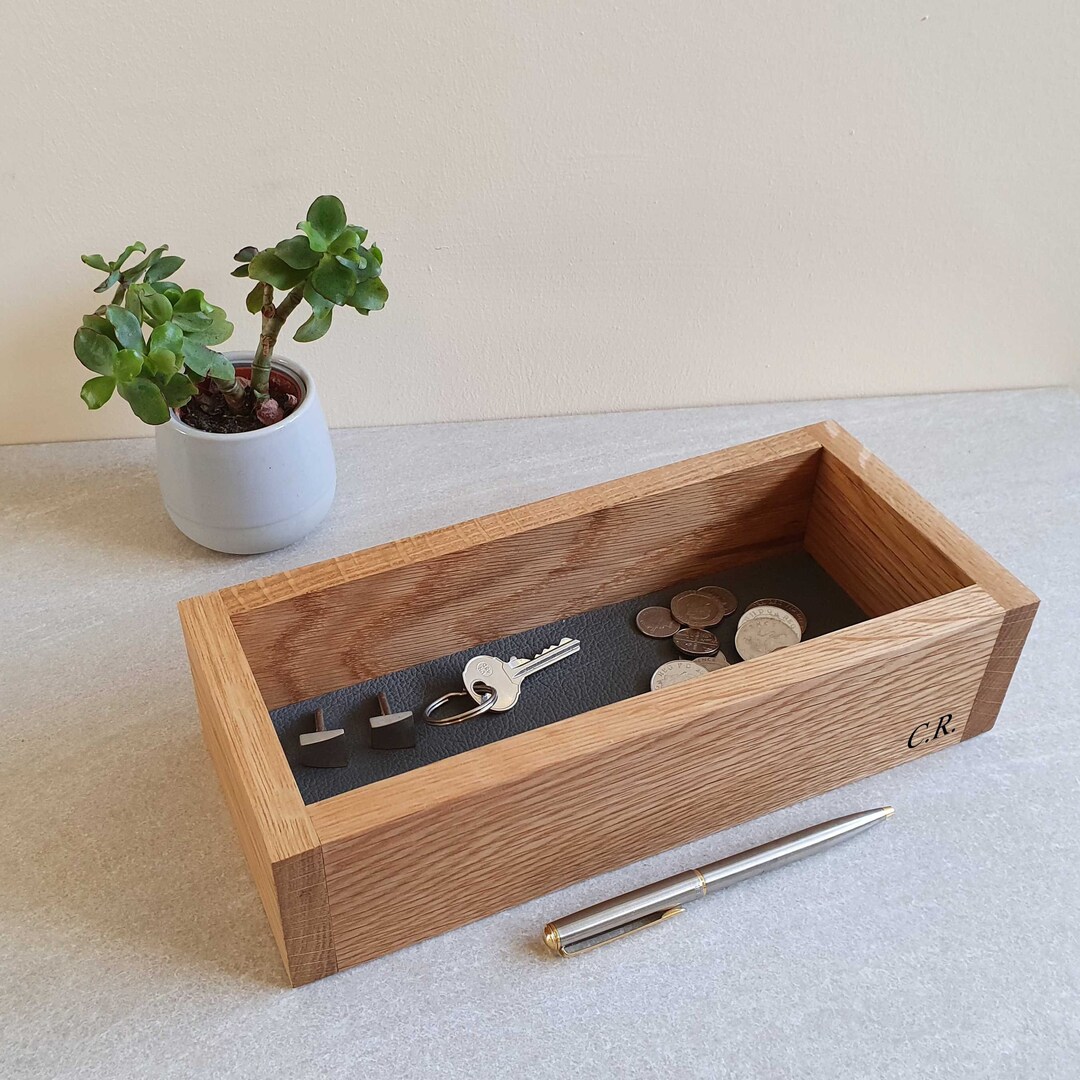 Personalised Solid Oak Coin Tray: Leather Lined Key Dish, Daddy Gift - Etsy