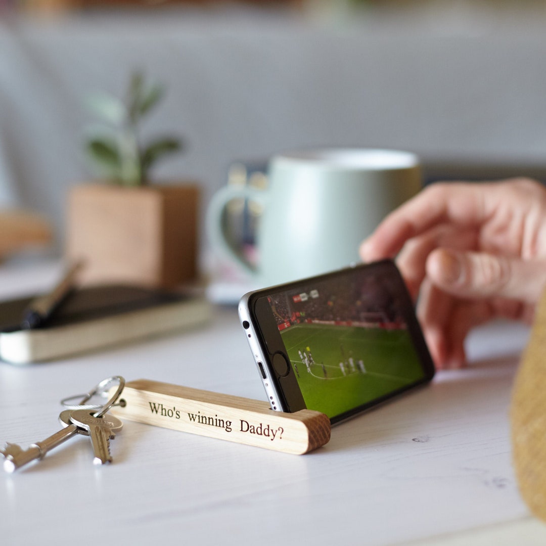Personalized Oak Keyring Phone Stand: Engraved Tech Gift - Etsy