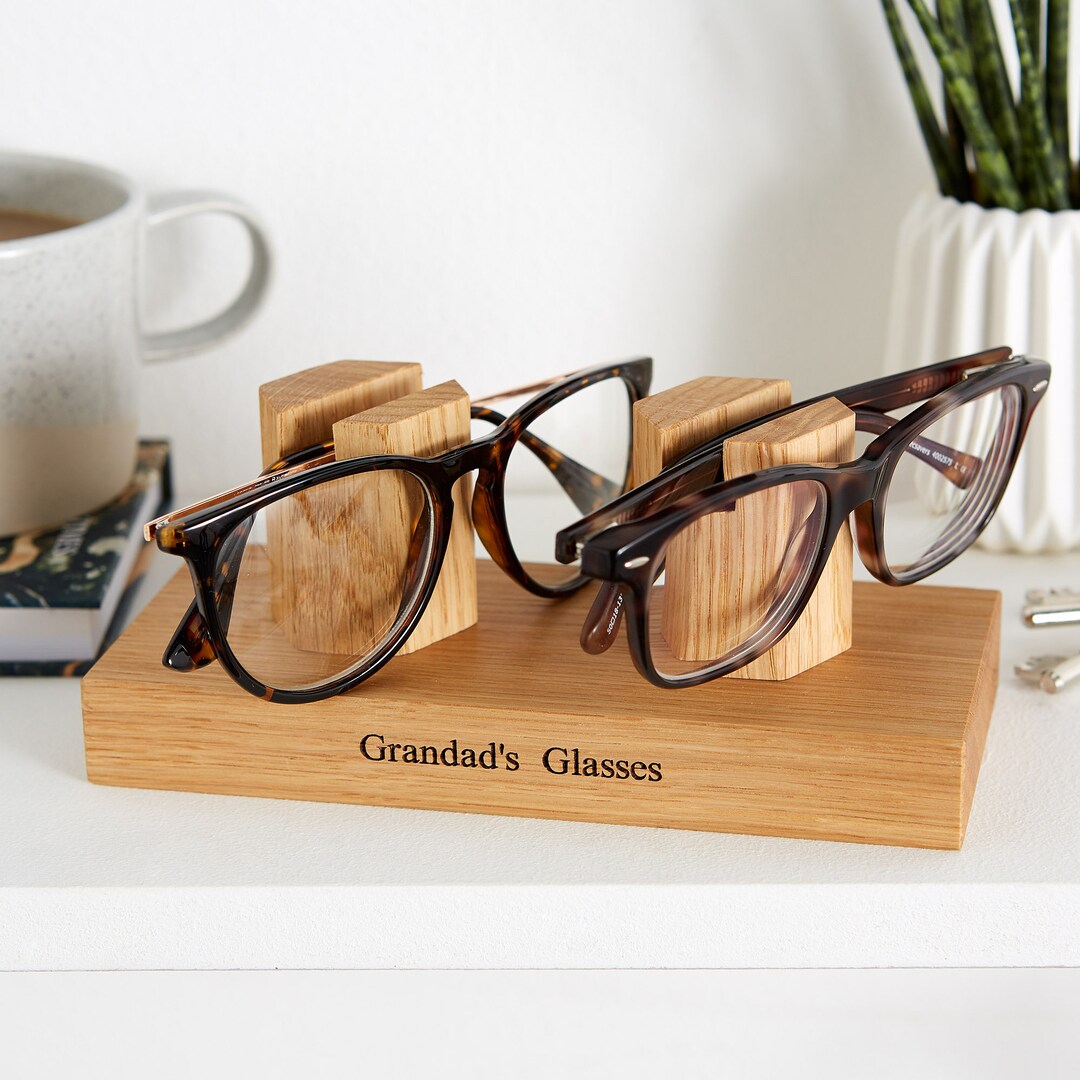 Personalised Solid Oak Double Glasses Stand, Engraved Eyeglass Holder ...