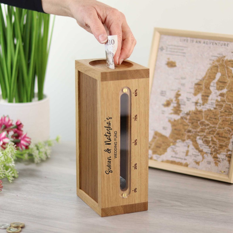 Personalised Solid Oak Money Box: Wedding Fund Piggy Bank - Etsy UK