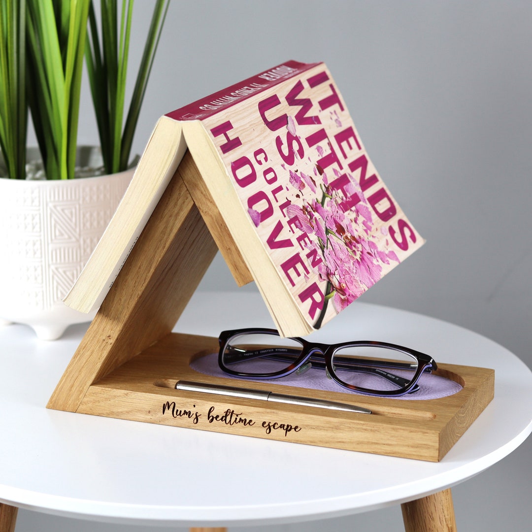 Personalised Book Stand in Solid Oak With Glasses Tray and Pen Holder ...