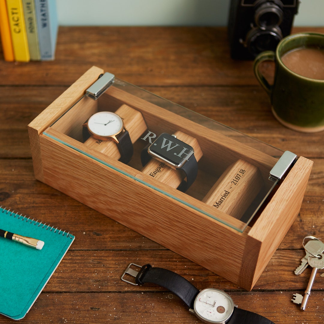 Oak Watch Box for 3 Watches With Personalised Engraved Glass, Men's ...