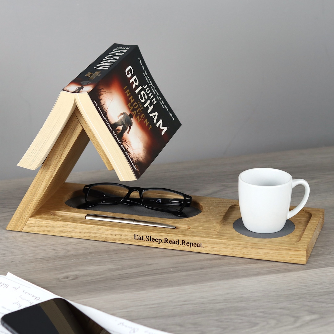 Personalised Book Stand in Solid Oak With Glasses Tray, Coaster and Pen ...