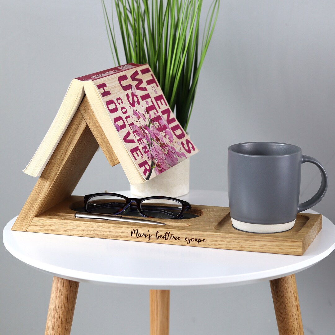 Personalised Book Stand in Solid Oak With Glasses Tray, Coaster and Pen ...