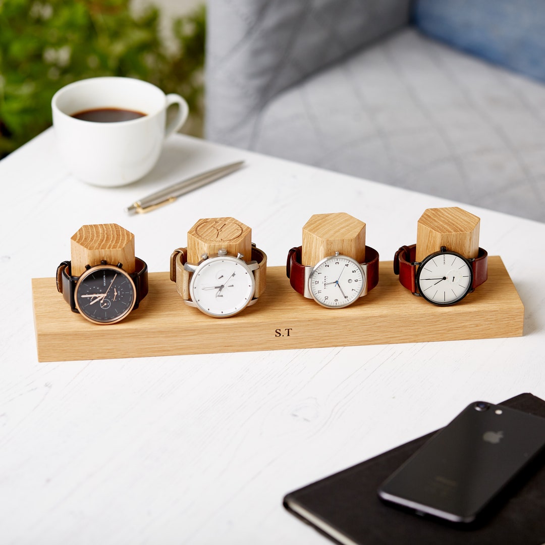 Personalised Oak Four Watch Stand, Engraved Hex Timepiece Display - Etsy