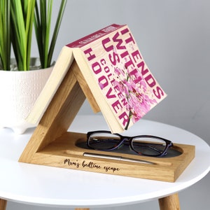 Personalised Book Stand in Solid Oak With Glasses Tray and Pen Holder ...