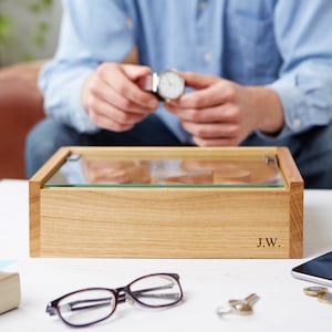 Personalised Oak Watch Box With Glass Lid, Engraved Watch Display Case ...