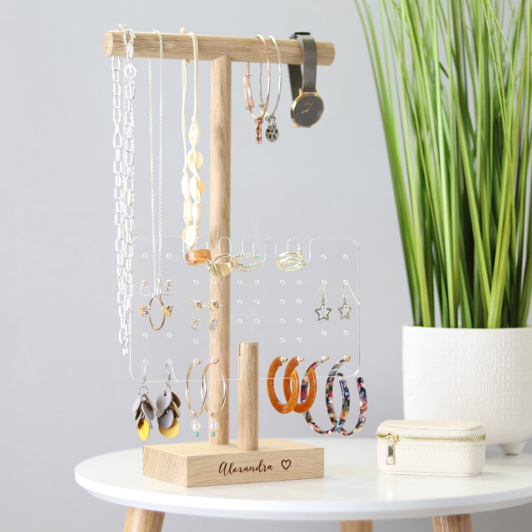 Personalised Earring Stand and Jewllery Hanger in Light Oak and Acrylic ...