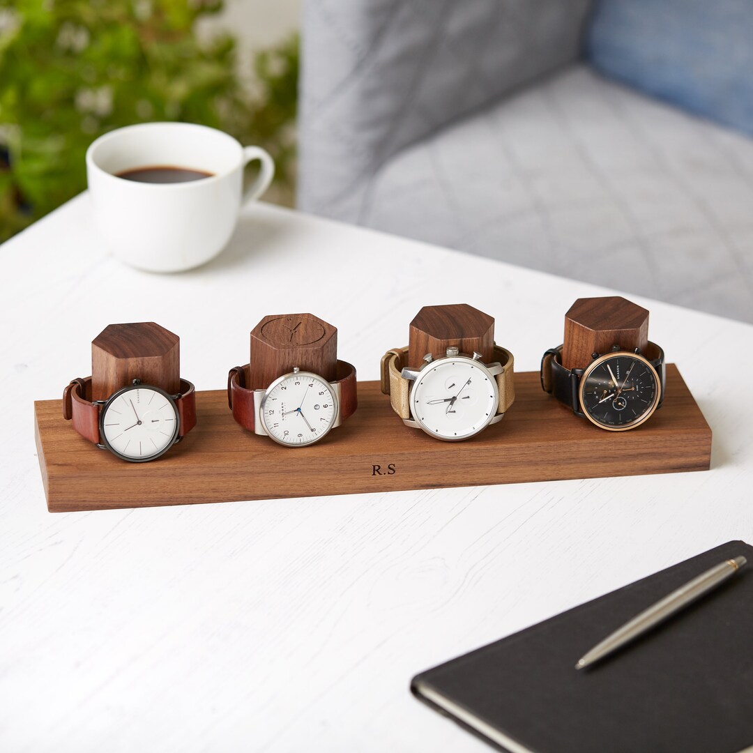 Personalised Four Hex Walnut Watch Storage Stand, Wristwatch Display ...