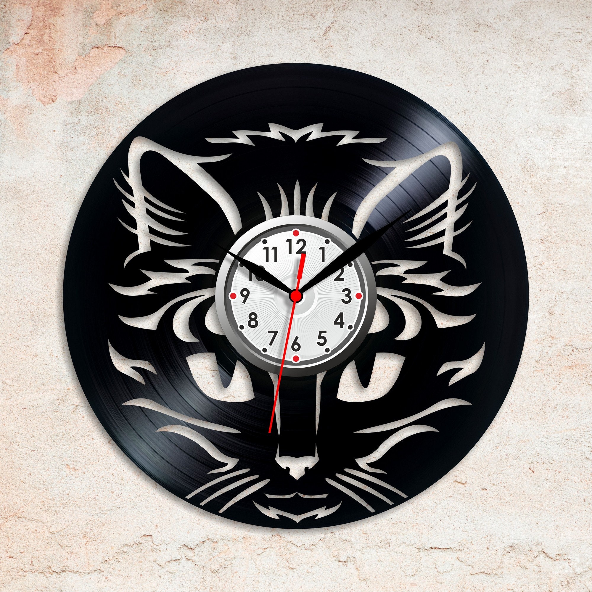 Cat Clock Record Clock Face Cat Clock Kids Clock Animals Clock Cat Gift ...