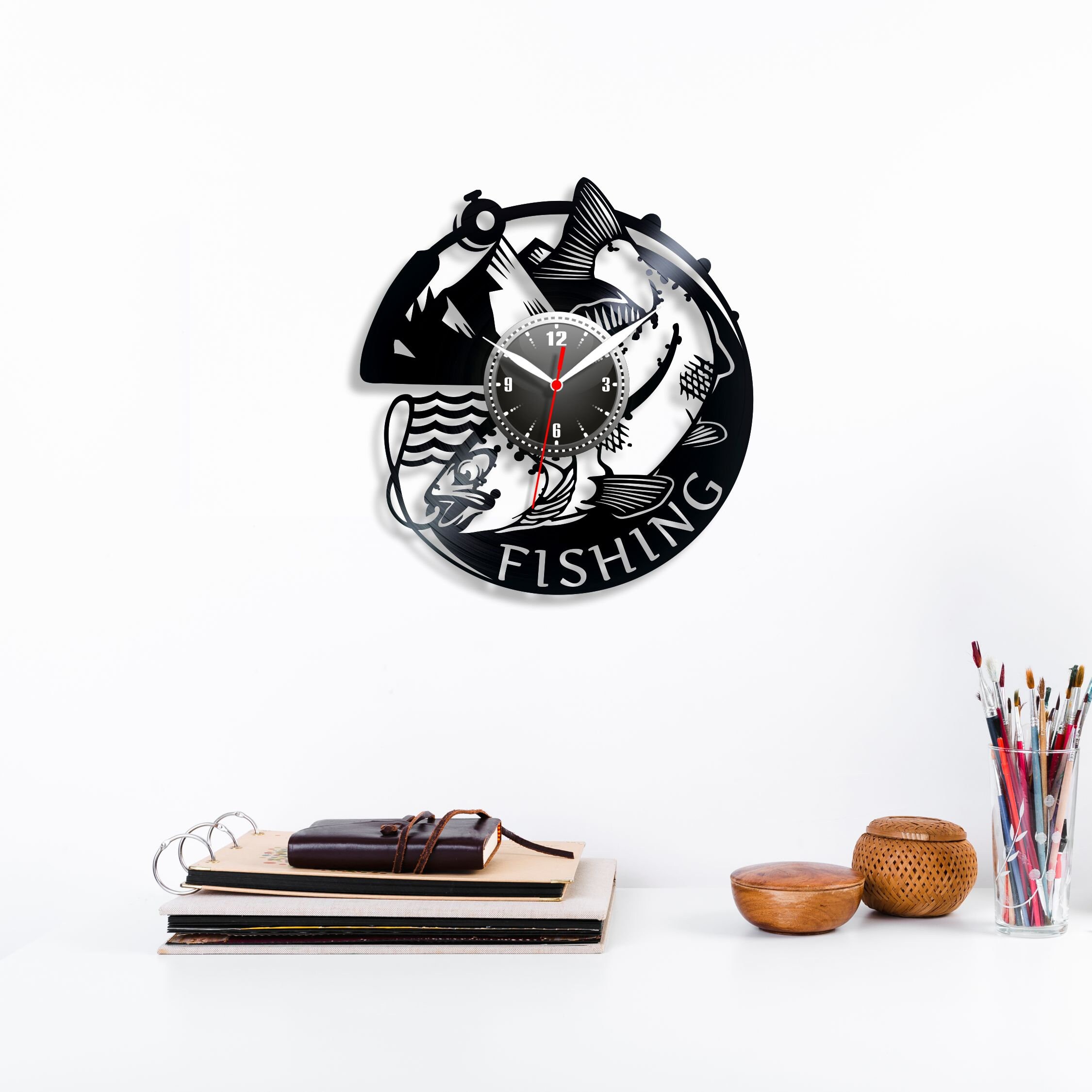 Fishing Clocks Gift for Men Wall Record Art Fishing Wall Clock Fishing ...