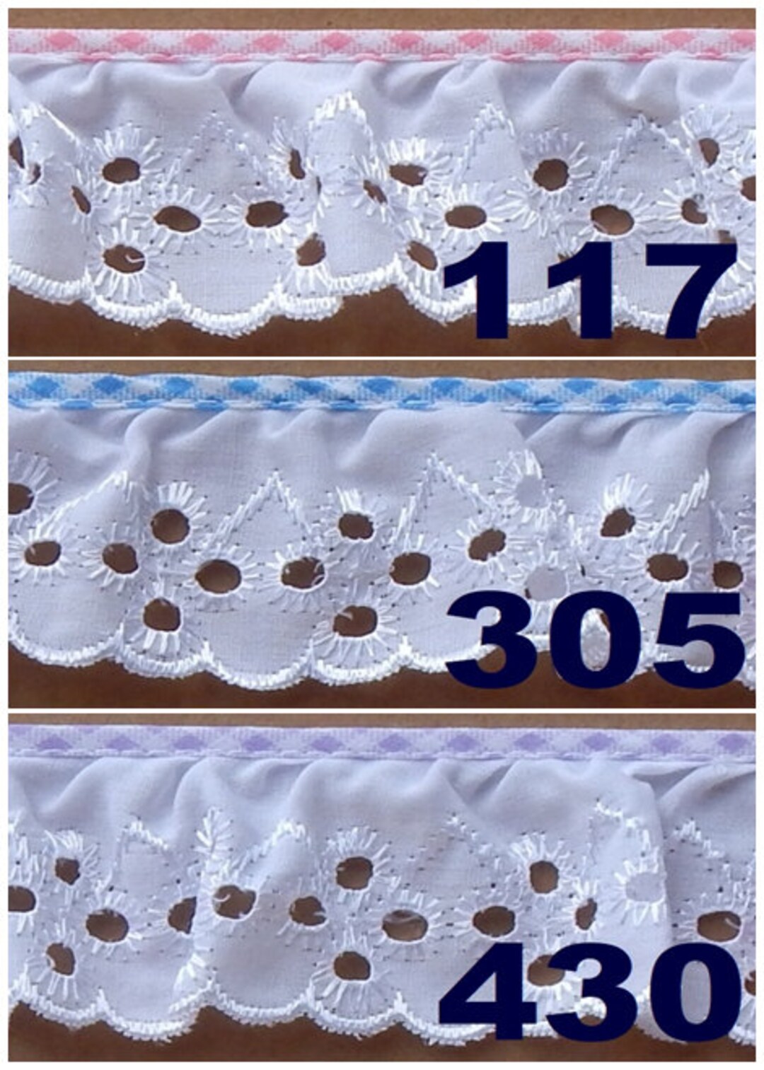 2" Ruffled White Eyelet Lace With Gingham Binding, Available in 1, 3, 5 ...