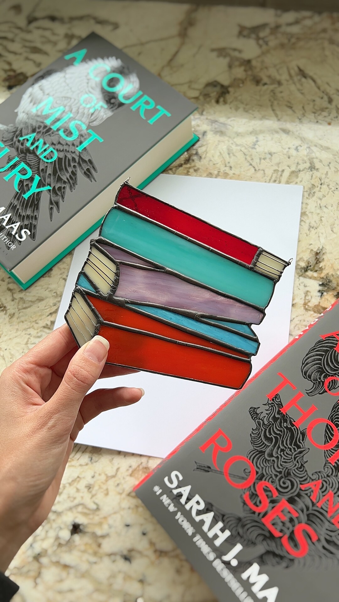 Book Stack Stained Glass Window Hanging, Acotar Stained Glass ...