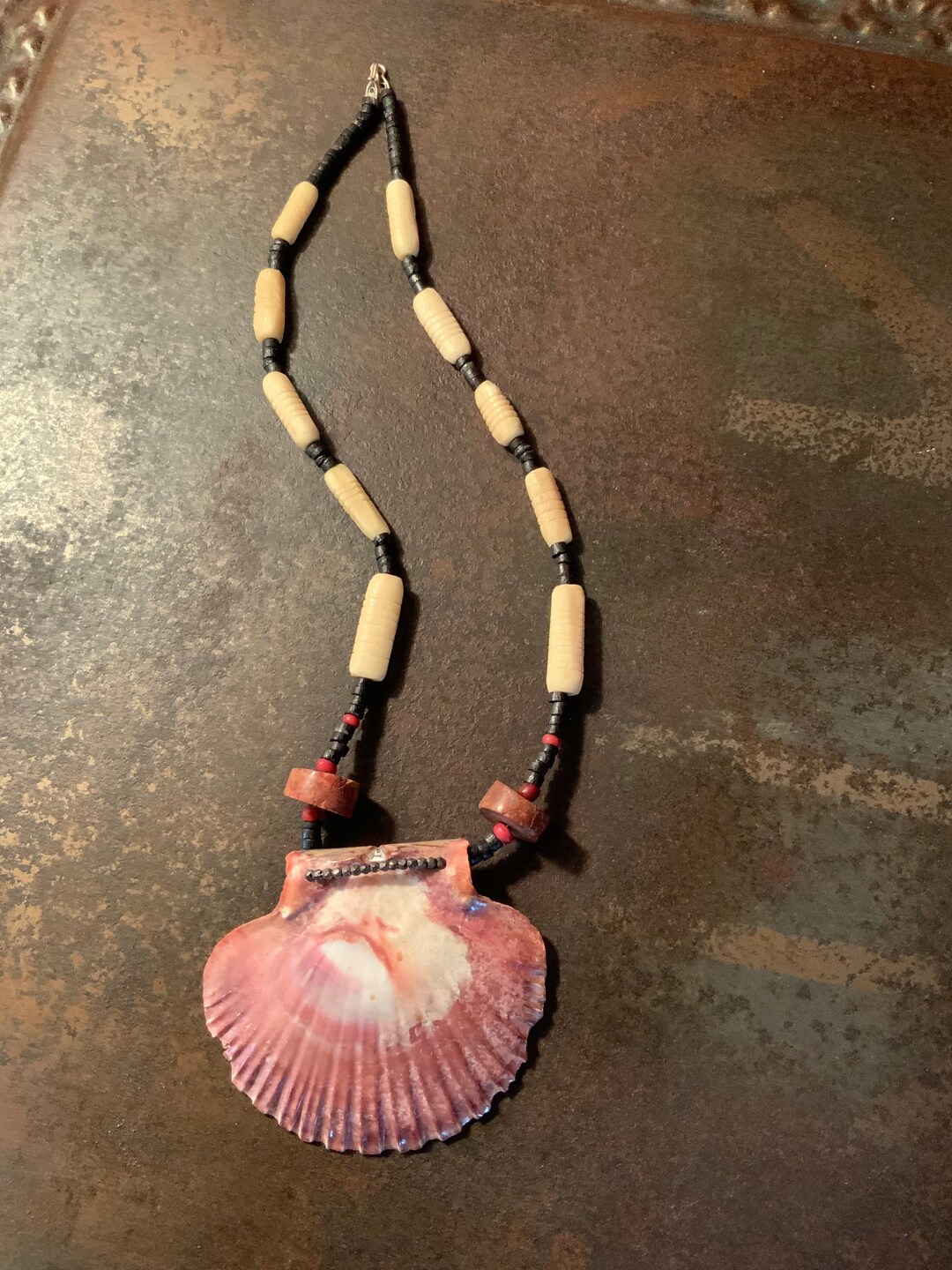 Vintage Shell Pendant Bone Necklace, Carved Bone Necklace, Vintage ...