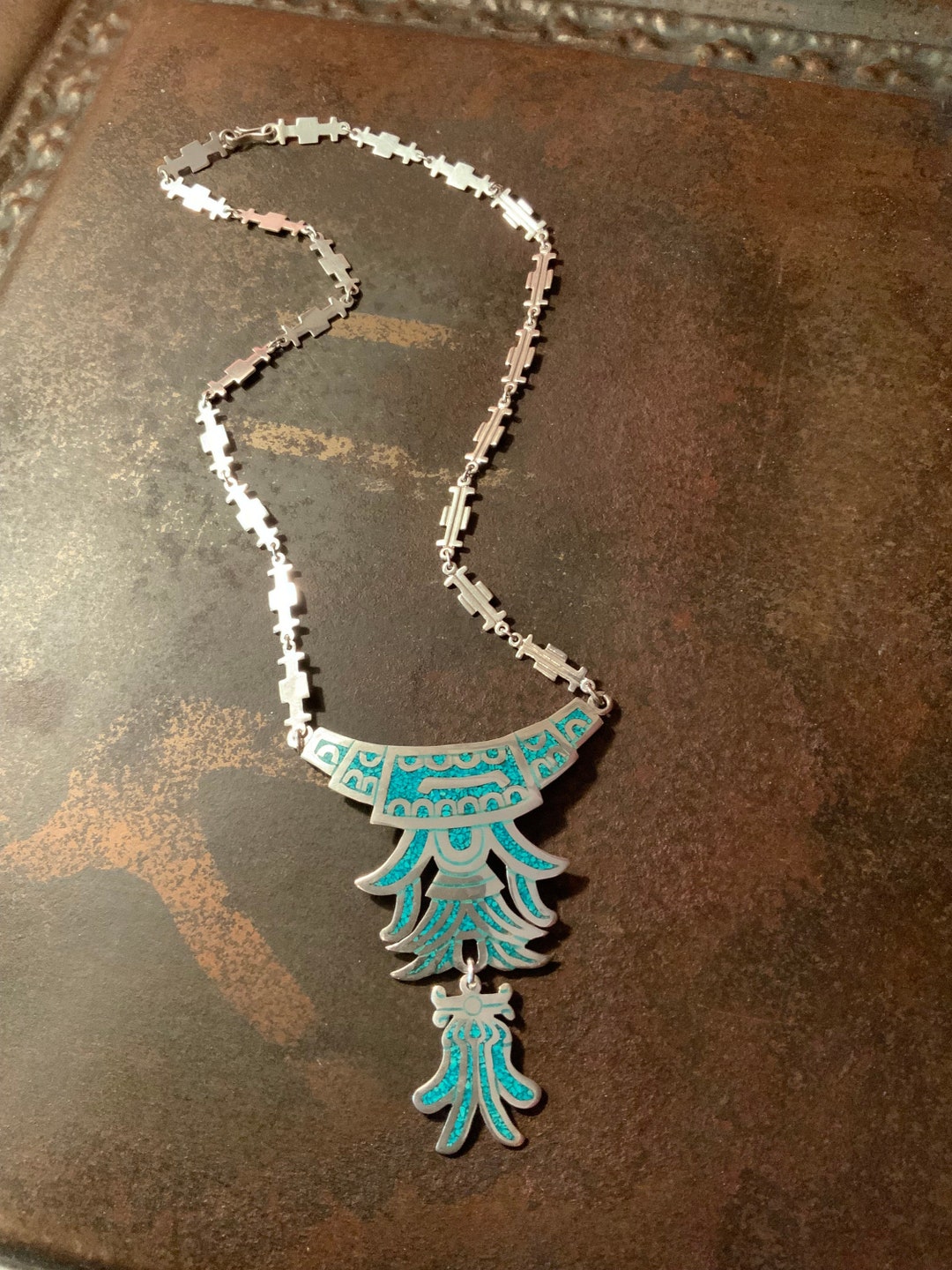 RARE Turquoise Inlay Necklace, Sterling Silver Chip Inlay Statement ...