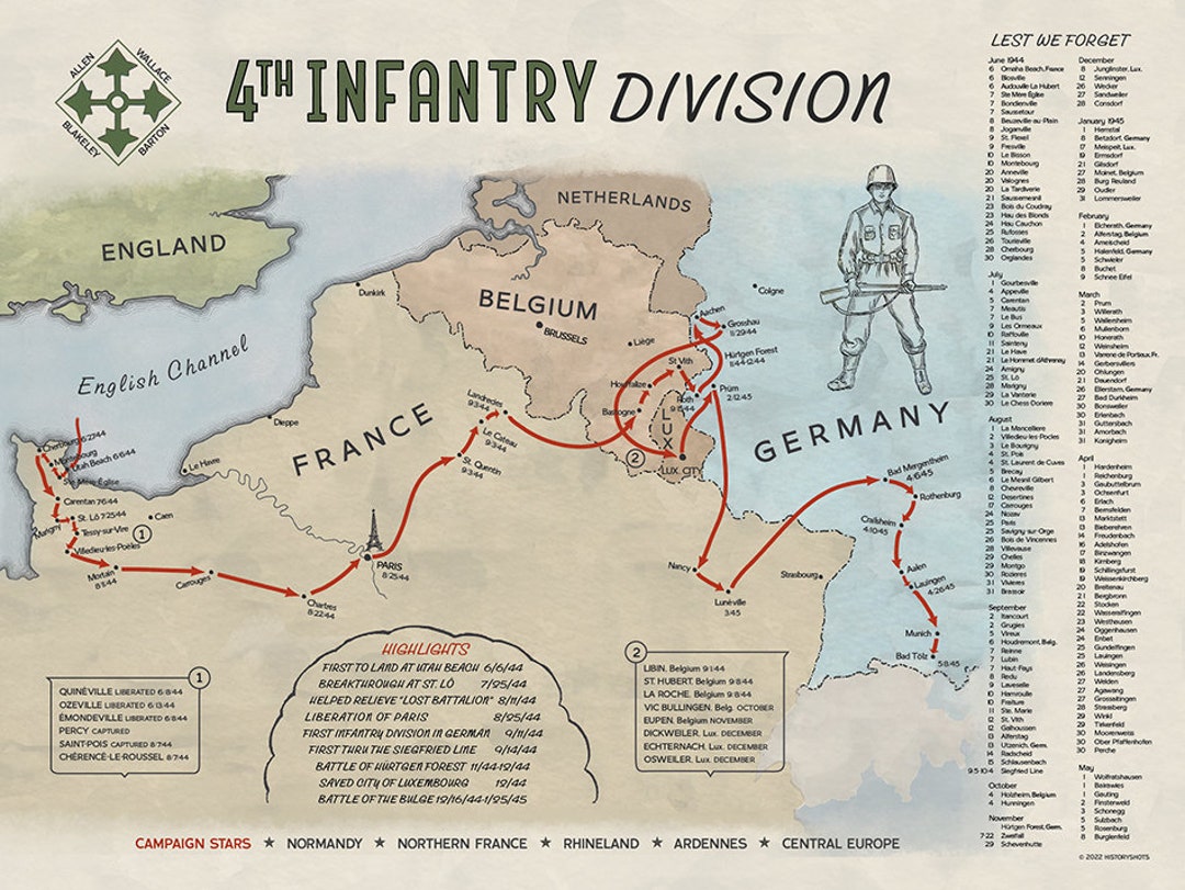 4th Infantry Division Route Map Rock of the Marne Division US Army WWII ...